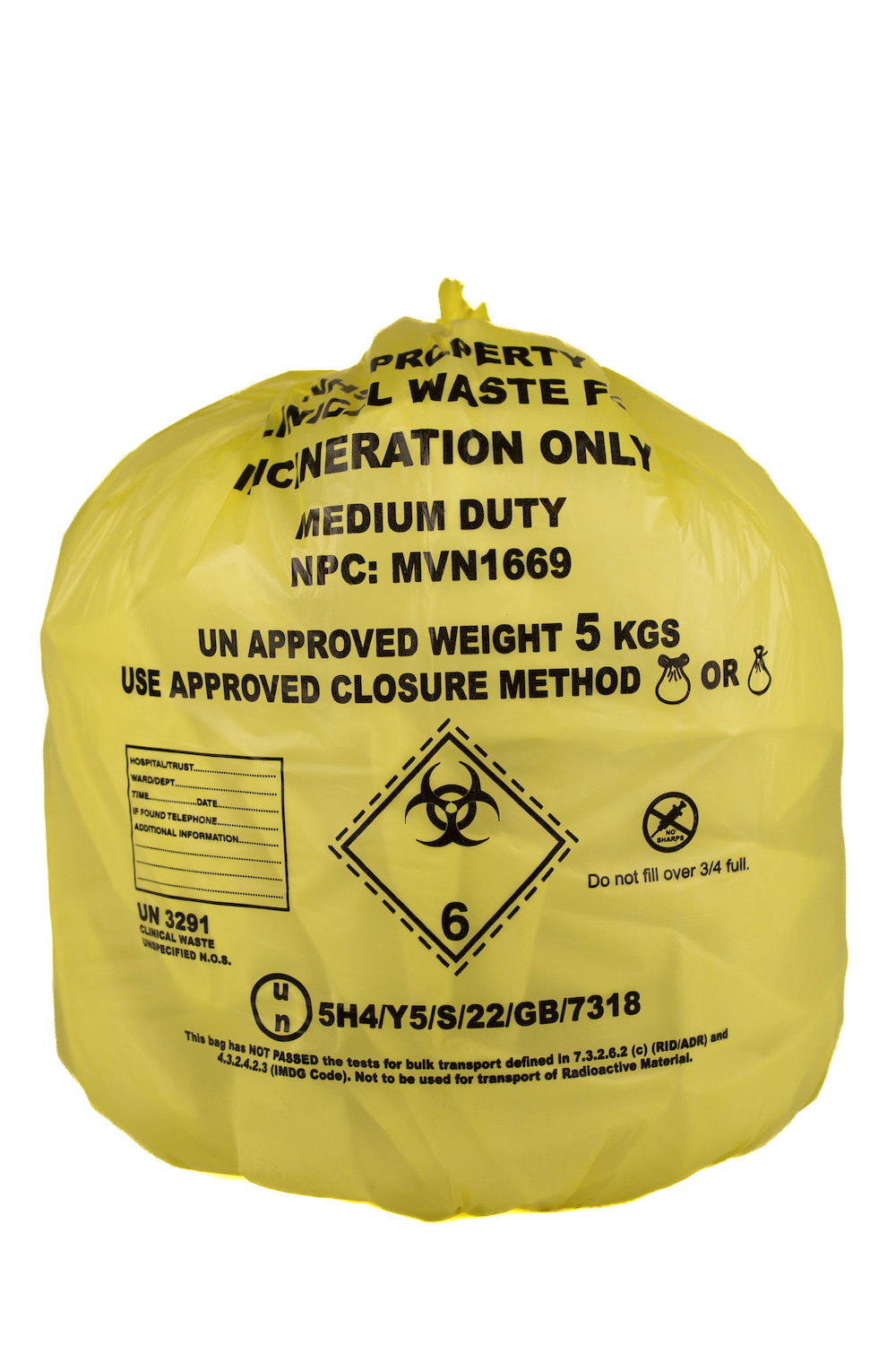 Light Duty Yellow Clinical Waste Bag - Small - Printed - GV Health